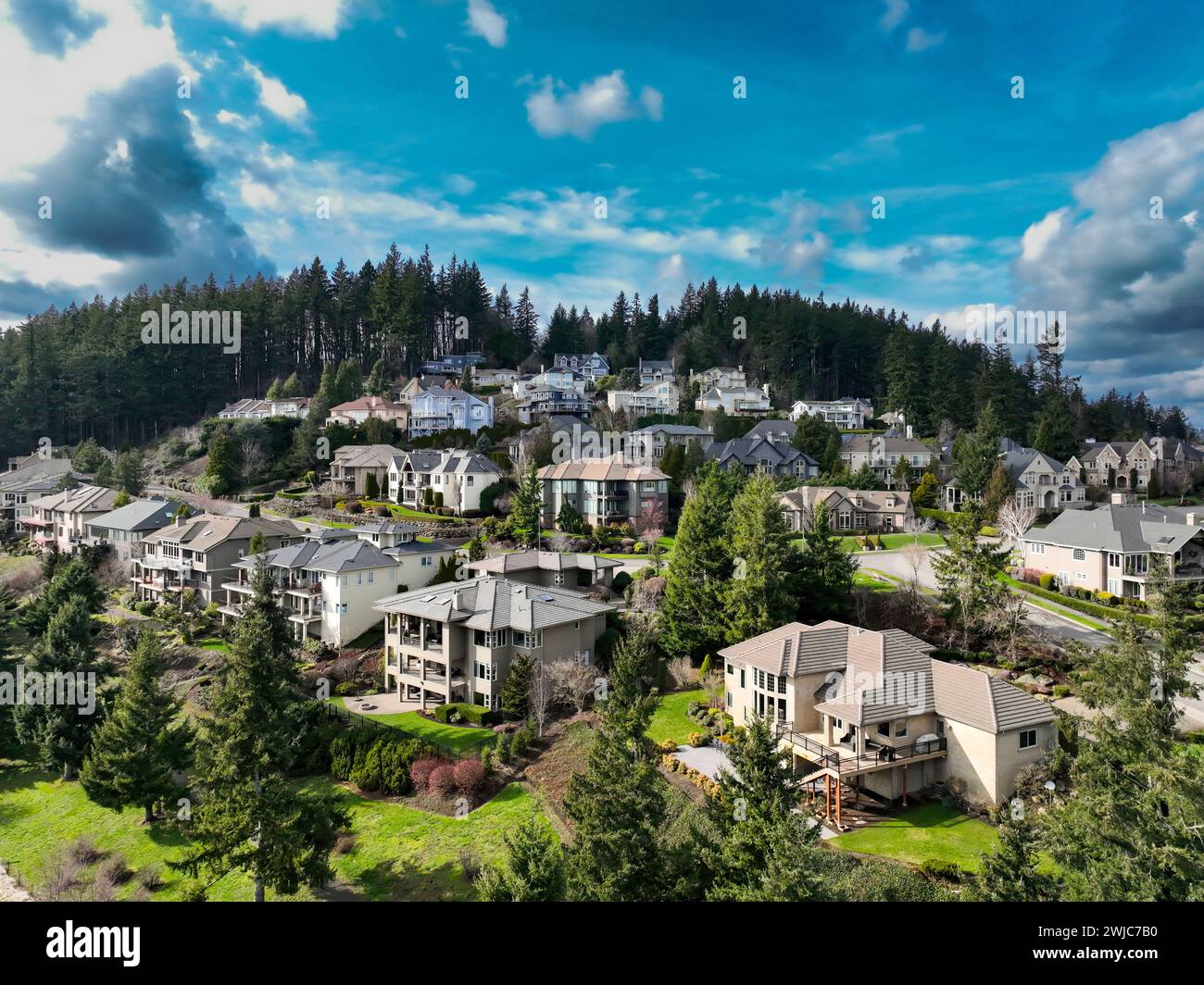 Aerial of upscale neighborhood on hill in West Linn, Oregon Stock Photo ...