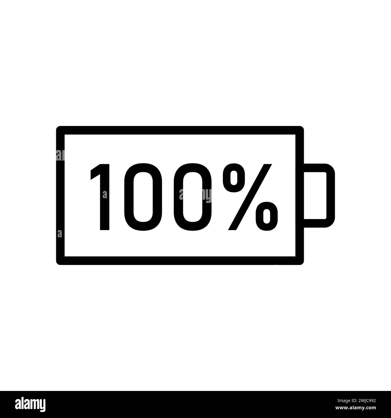 Vector black line icon 100 percent battery charge isolated on white ...