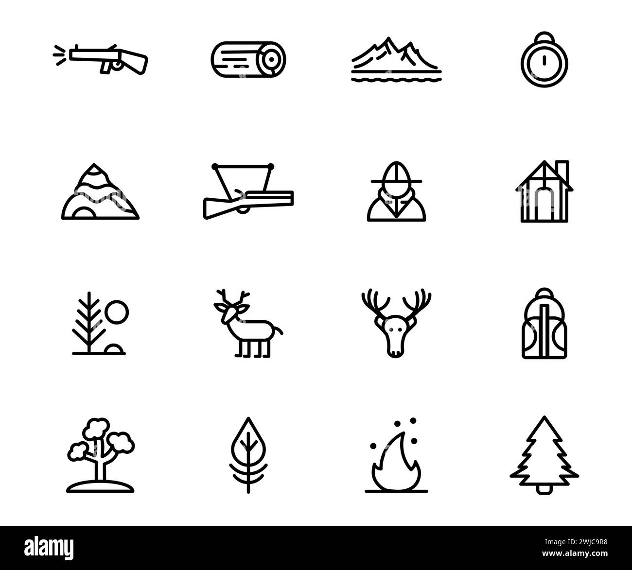 Vector line icon set hunting. Outline illustration symbol camping ...