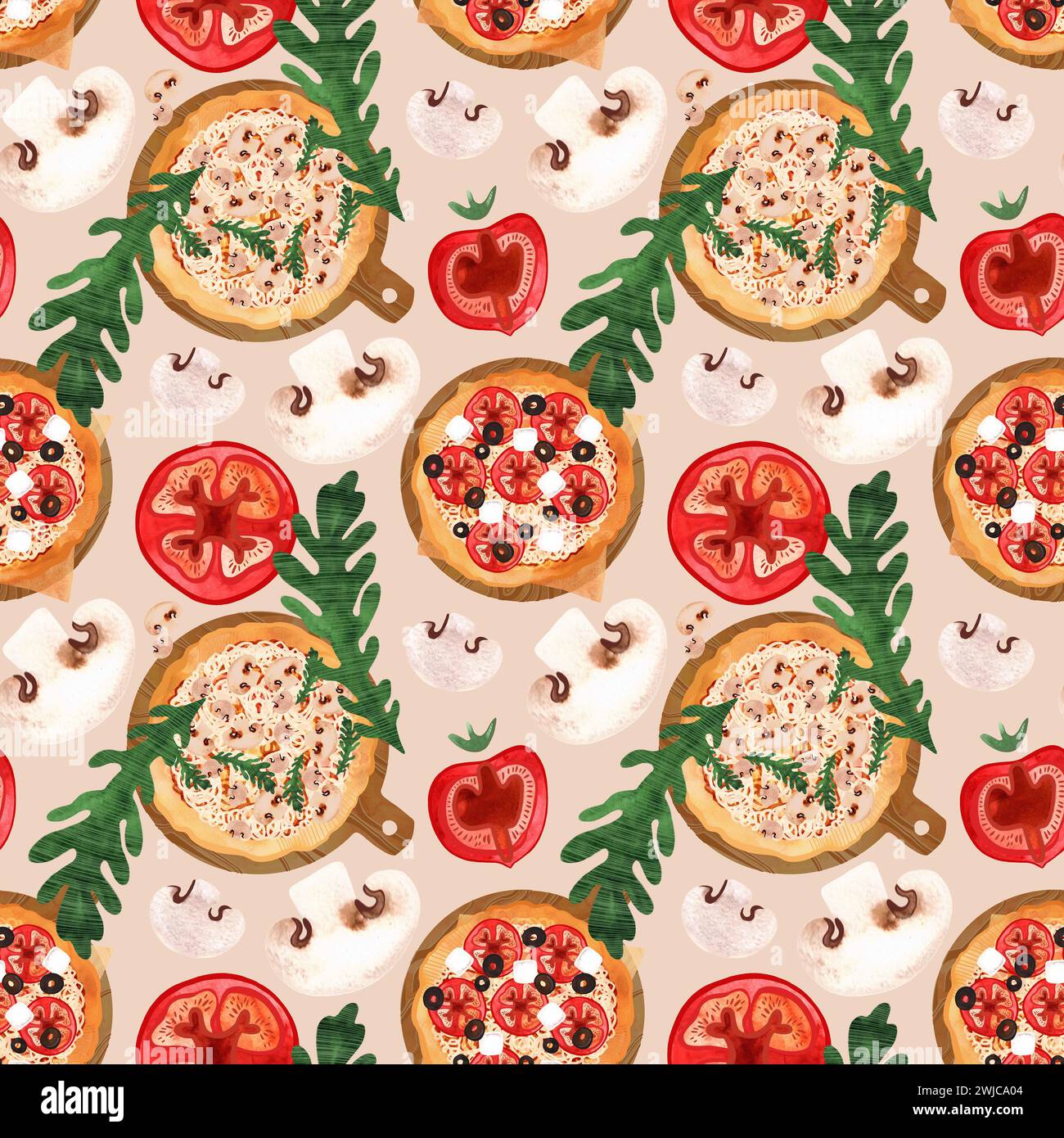 Seamless pizza pattern with mushrooms, tomatoes, olives and arugula ...