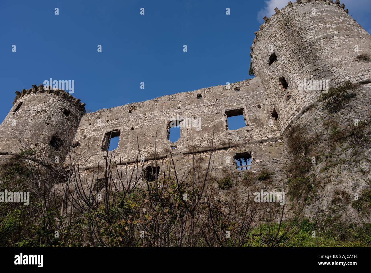 The Avalos castle of Vairano Patenora is a square-shaped building with ...