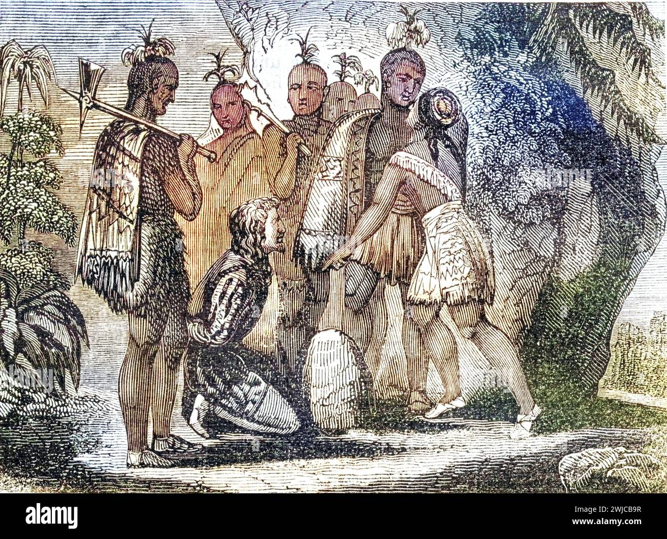 Pocahontas legt Fürsprache für das Leben von Smith ein, 1607. Kapitän ...