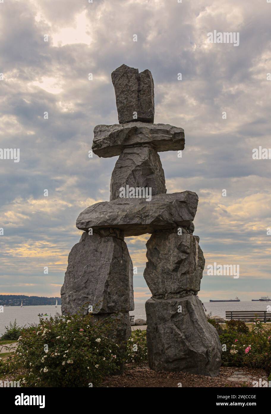 Inukshuk (1986) in grey granite by Alvin Kanak, in English Bay ...