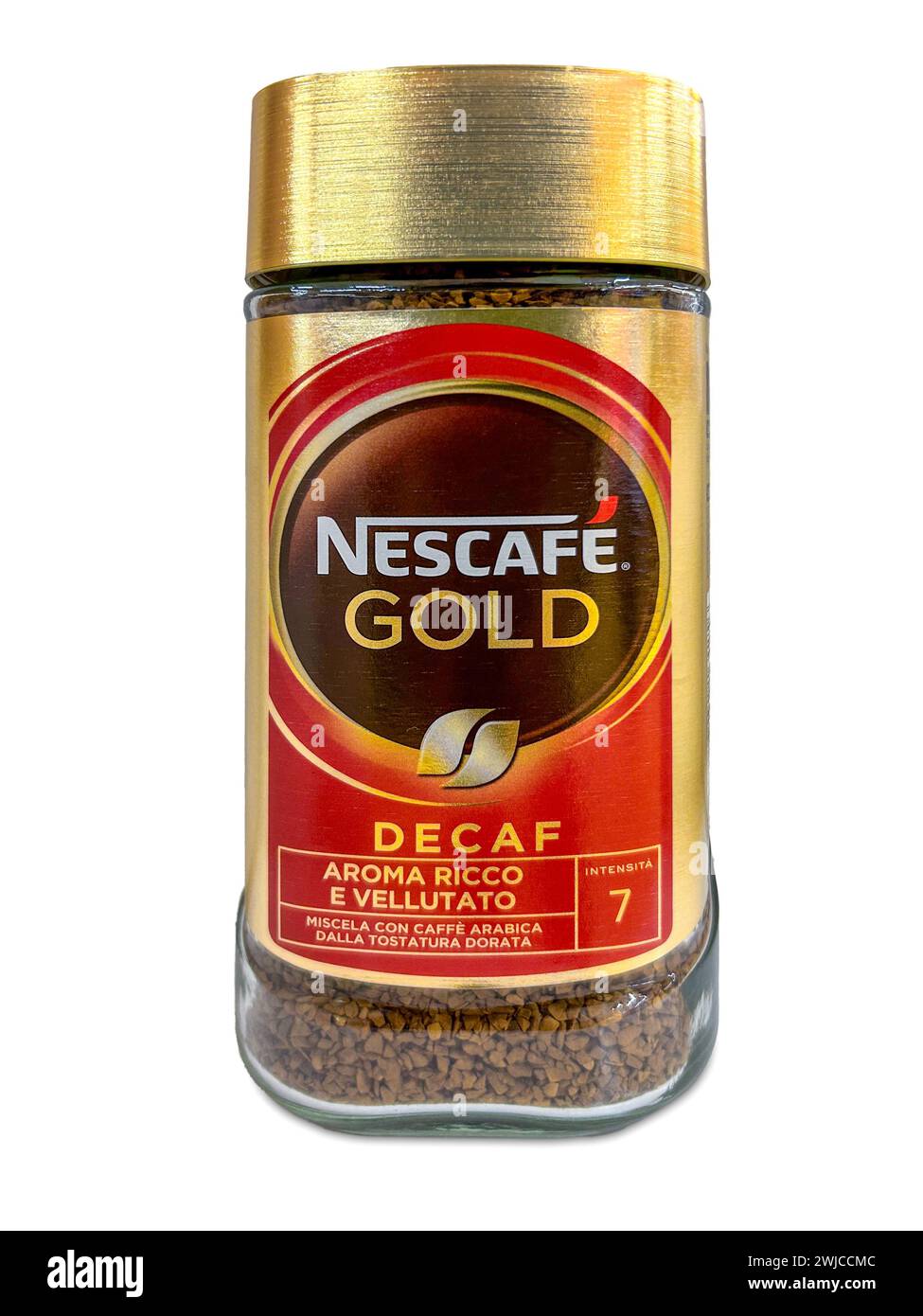 Italy - February 06, 2024: Nescafe gold decaf instant coffee in glass ...