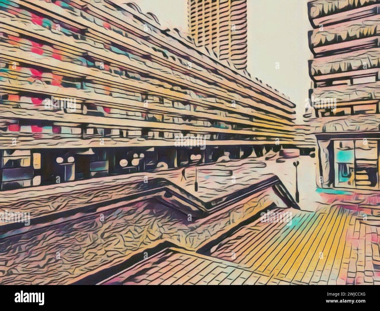 Illustrations of views across the Barbican Estate in London Stock Photo ...