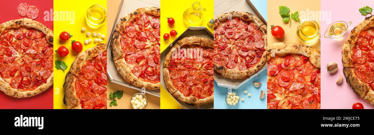Collage with tasty pepperoni pizzas on color background, top view Stock ...