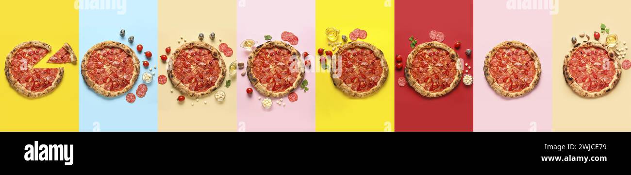 Collage with tasty pepperoni pizzas on color background, top view Stock ...