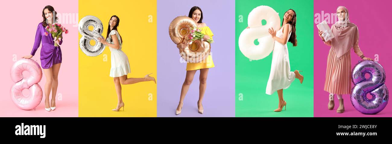 Collage of beautiful young women with balloons in shape of figure 8 on ...