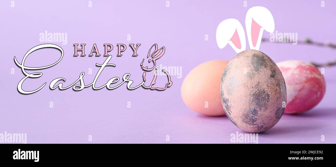 Beautiful Easter greeting banner with eggs and drawn bunny ears Stock ...