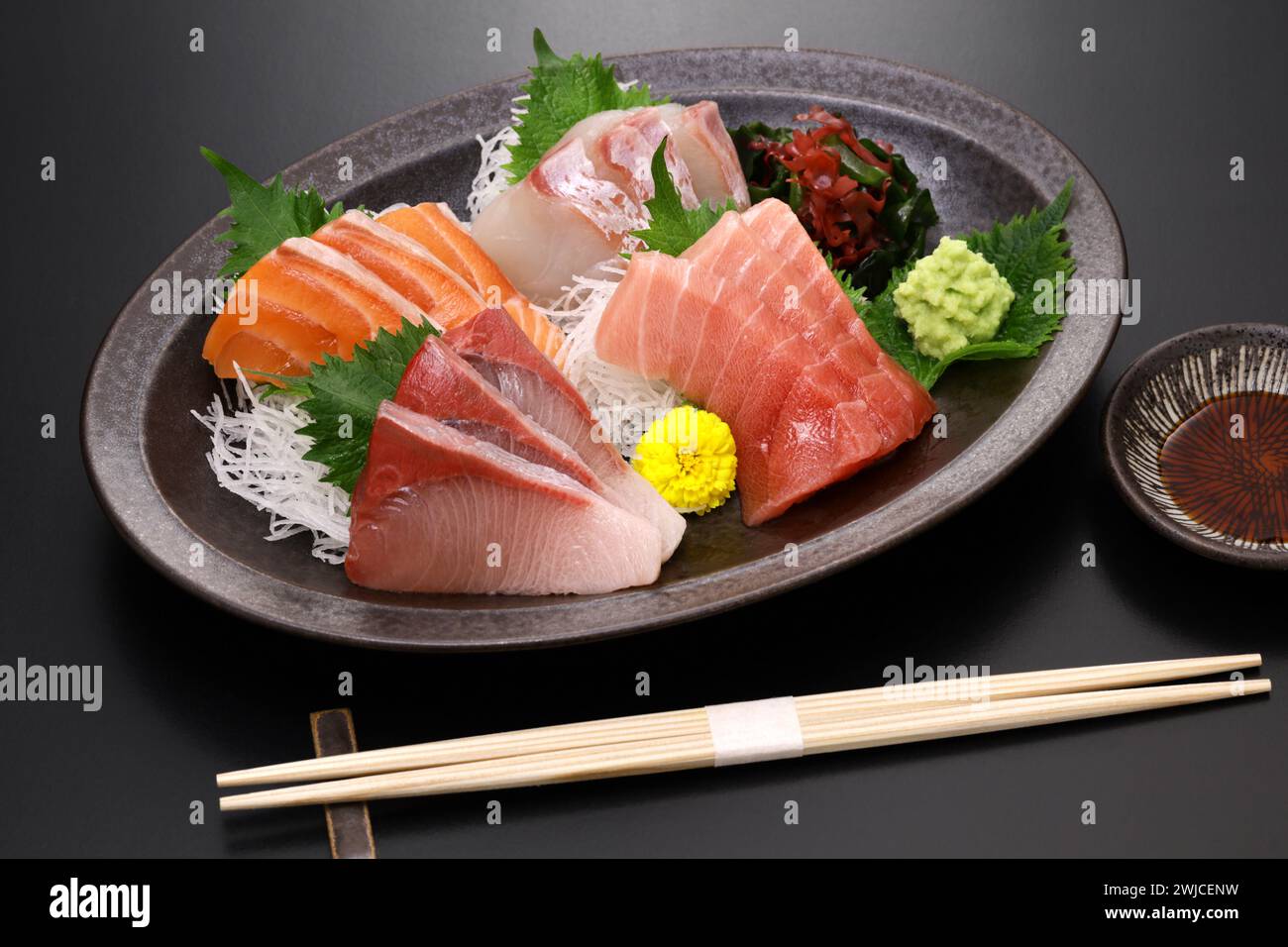 assorted sashimi; tuna(medium fatty), salmon, yellowtail, and sea bream ...