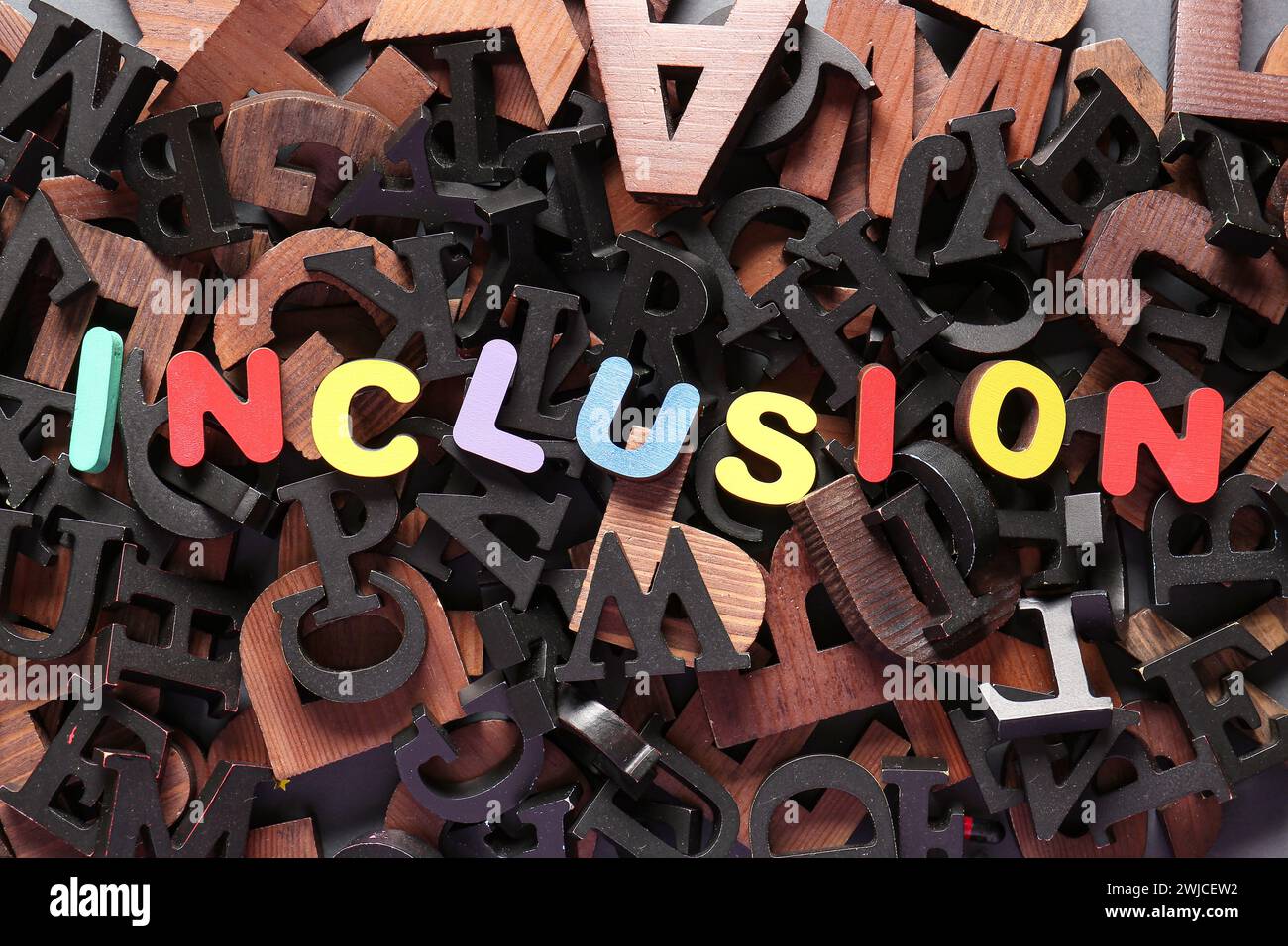 Colorful word INCLUSION in pile of different letters, closeup Stock ...