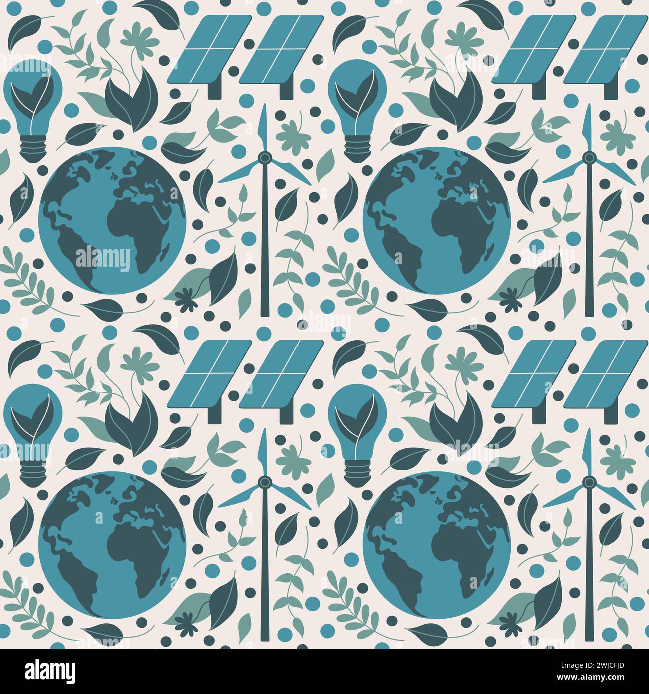 Minimalist flat art style, a planet Earth, green leaves, solar panels ...