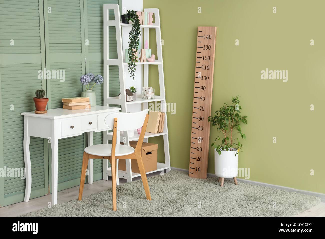 Modern children's room interior with comfortable workspace and wooden ...