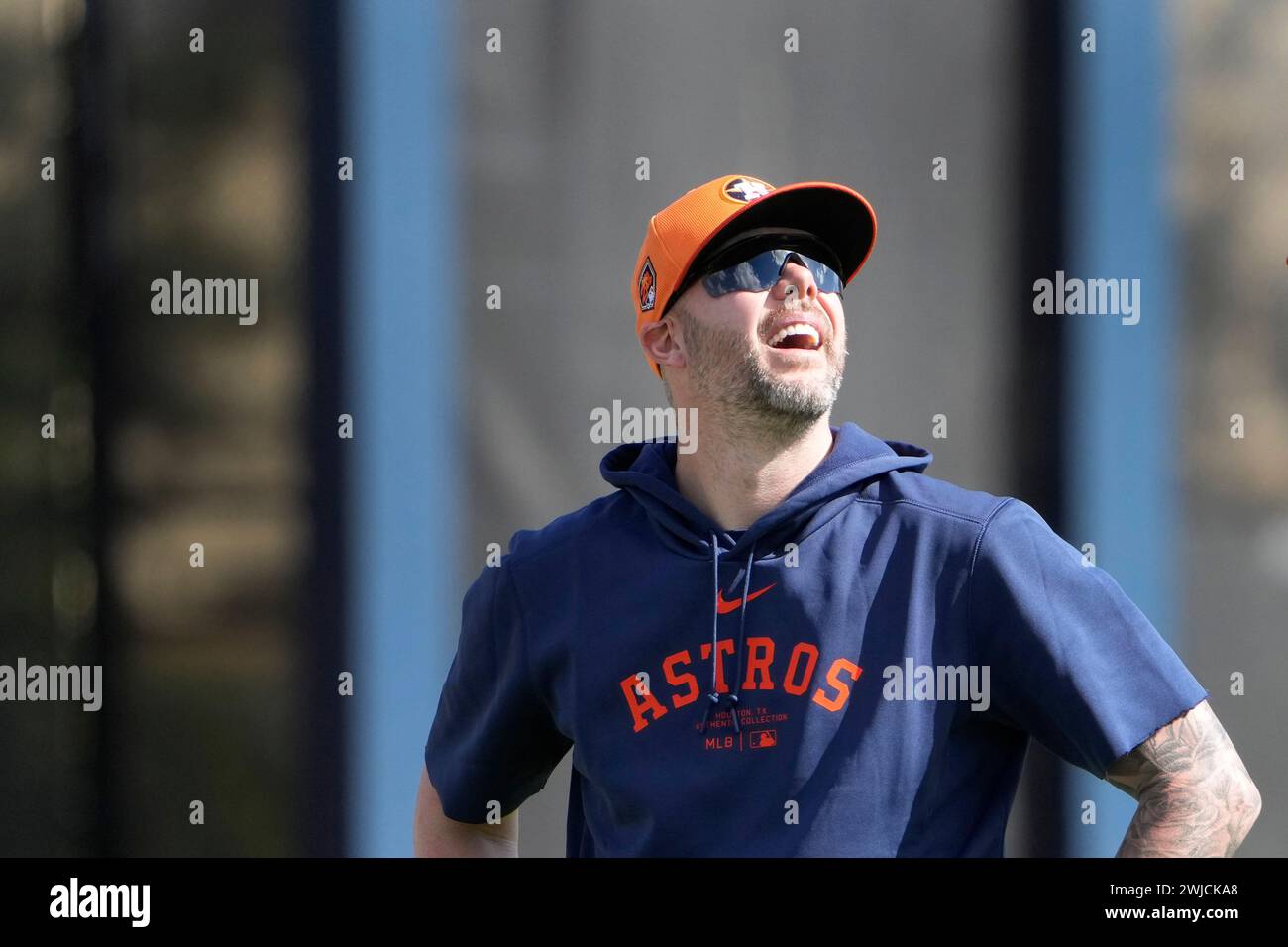 Houston Astros pitcher Ryan Pressly looks up during a spring training ...