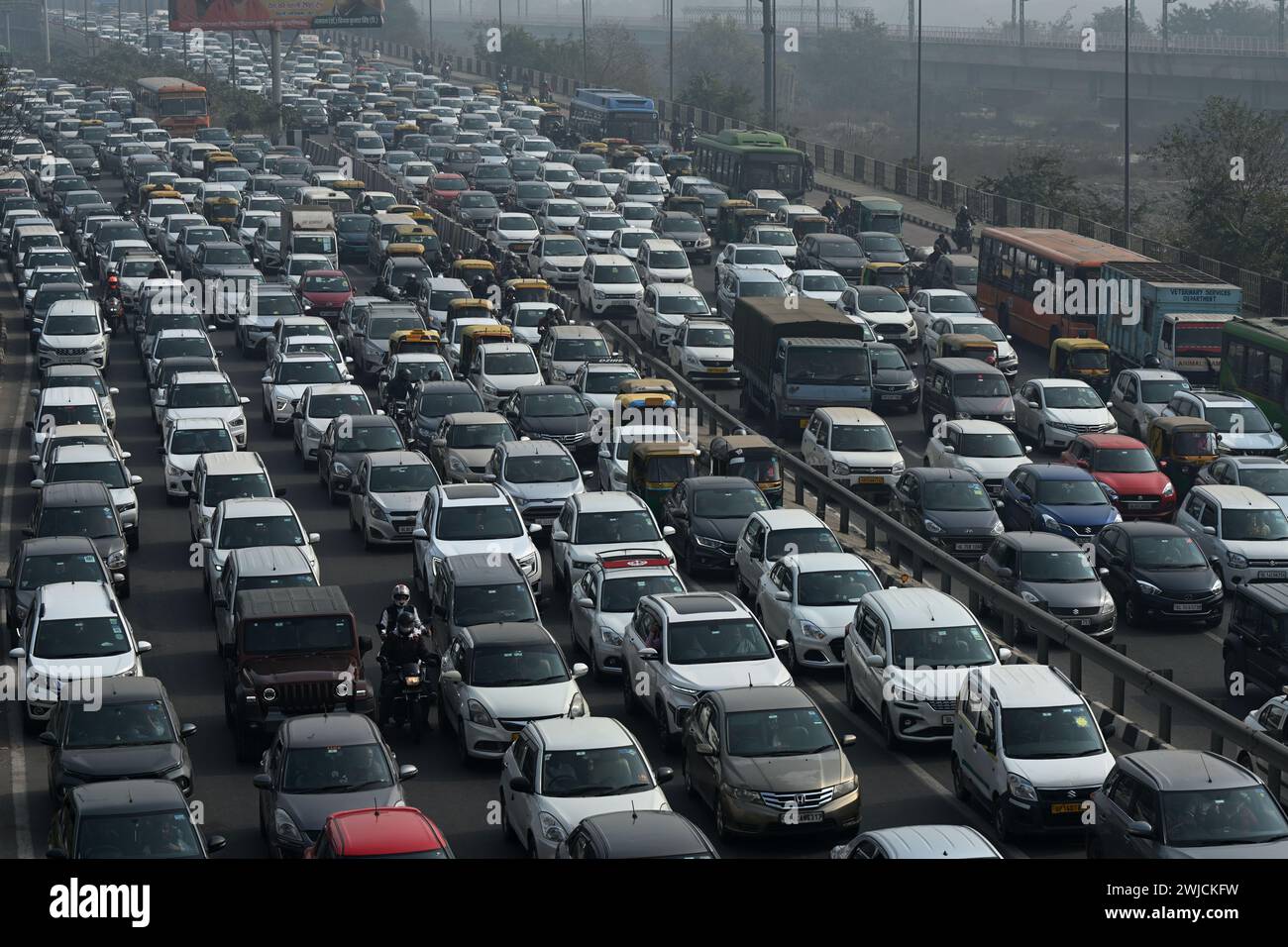 NEW DELHI, INDIA -FEBRUARY 14: Heavy traffic jam at Delhi Meerut ...