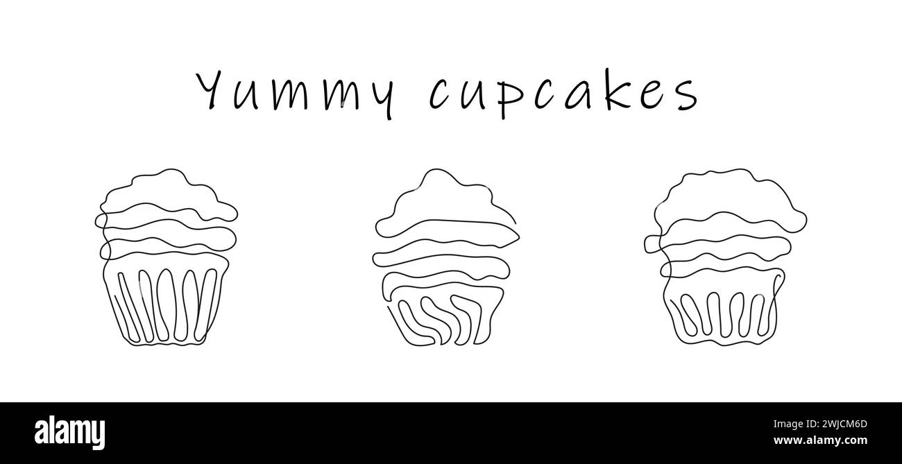 Set of cupcakes in style of continuous one line drawing with text Yummy Cupcakes. Simple line ...