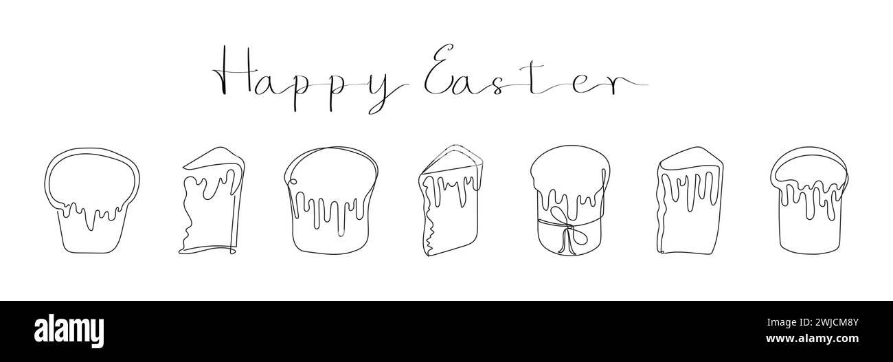 Set of Easter Kulich cakes with icing. With text Happy Easter. Continuous one line drawing ...