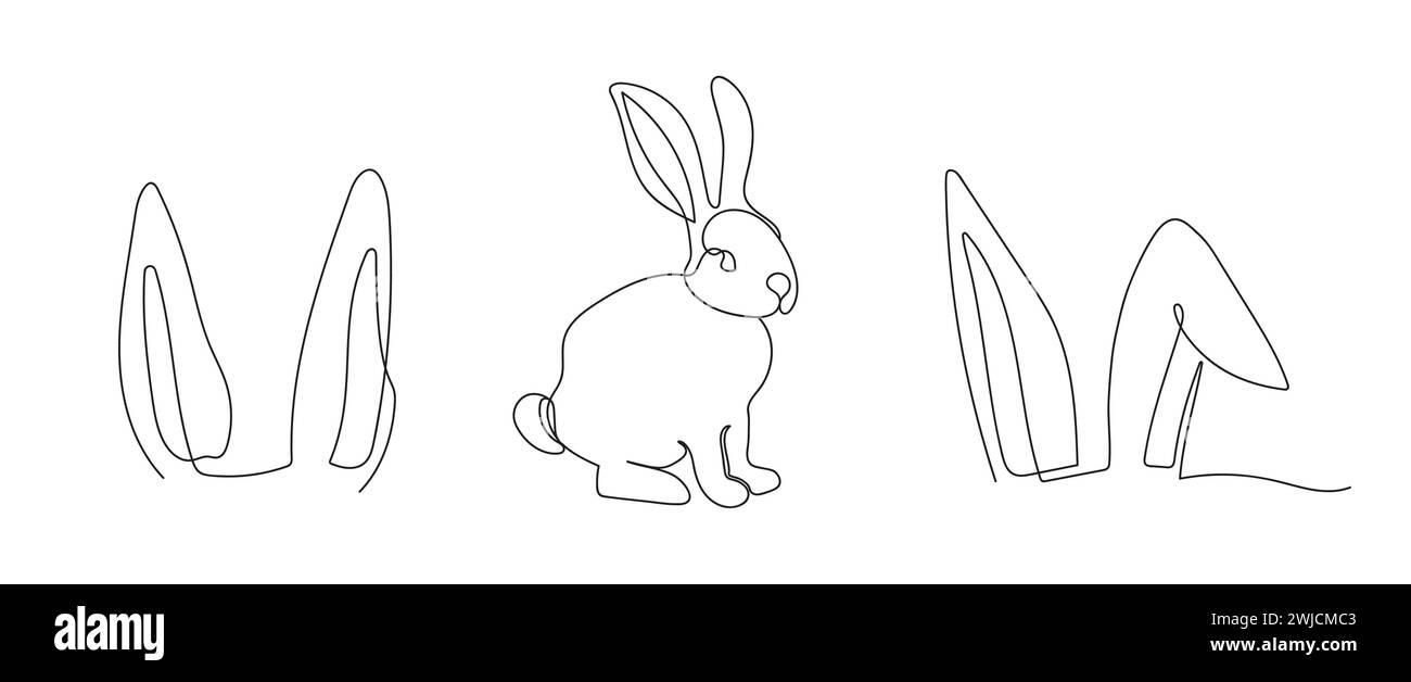 Set of rabbit and bunny ears. Continuous one line drawing. Simple line ...