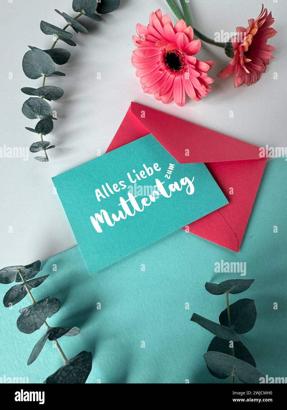 Blue, Red Envelopes and Gerbera Flowers, Text Alles Liebe zum Muttertag ...