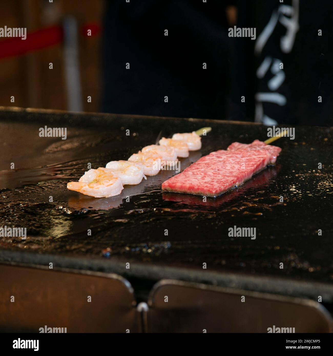Japanese Kobe Wagyu beef at a food stall at the Tsukiji Outer Market in ...