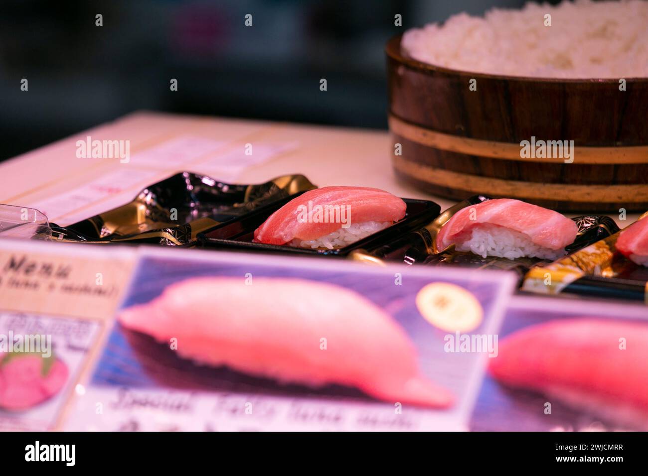 Tuna nigiris at a food stall at the Tsukiji Outer Market in the city of ...