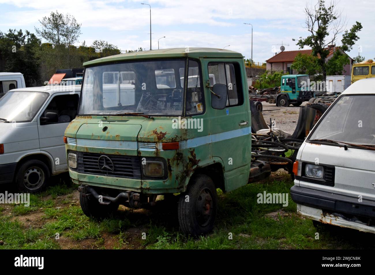 An abandoned vintage Mercedes Benz 408 truck chassis cab in a lorry ...