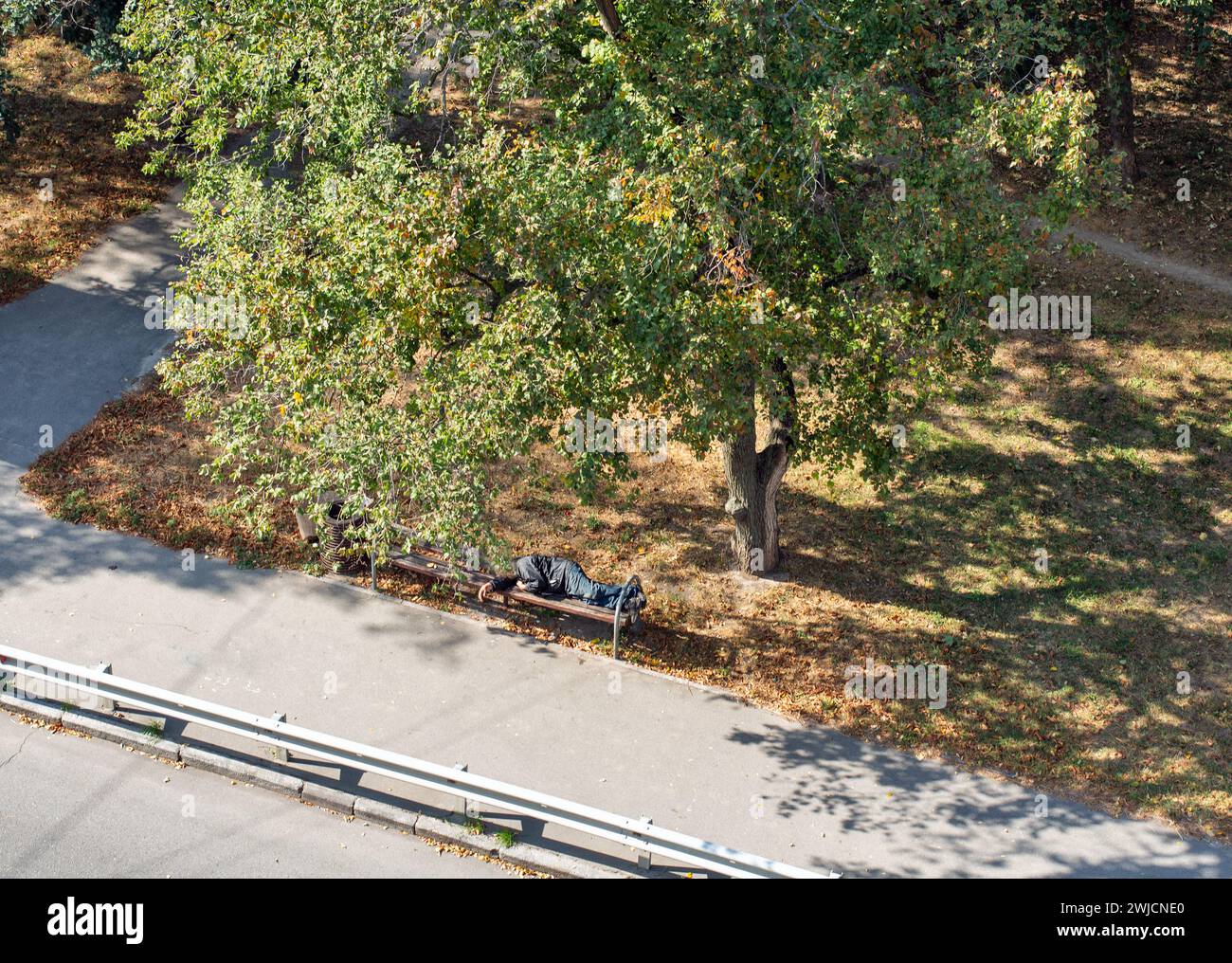 A homeless man sleeps on a bench on a city street, view from above ...