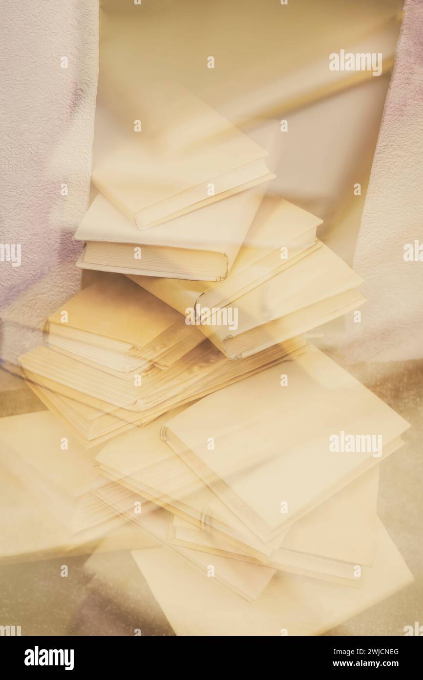 Abstract Blurred background of books and reflections in glass, double ...