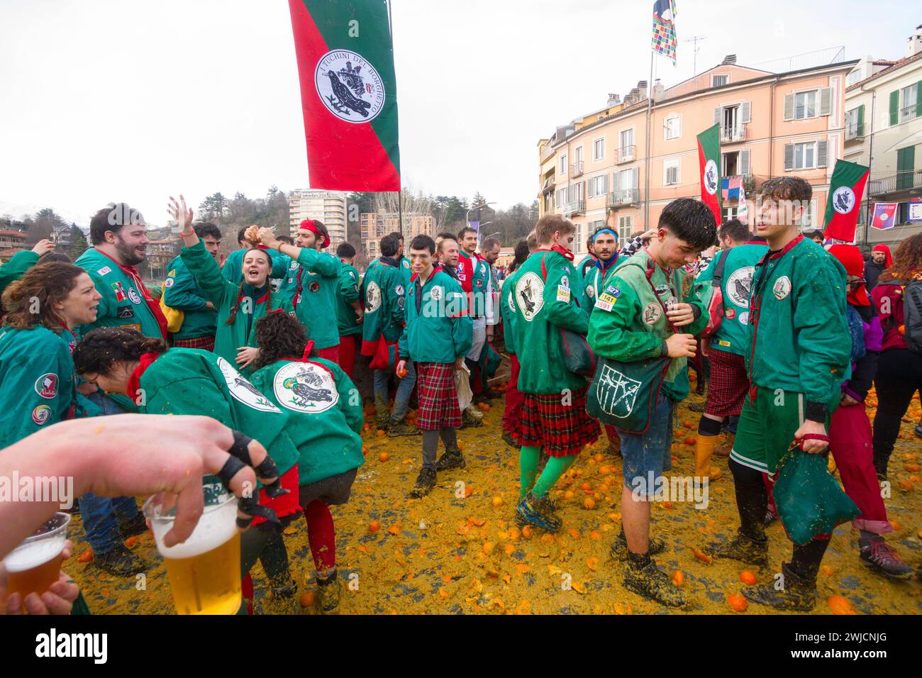 Ivrea, Italy. 12th Feb, 2024. Orange throwers during the 'Battle of the ...