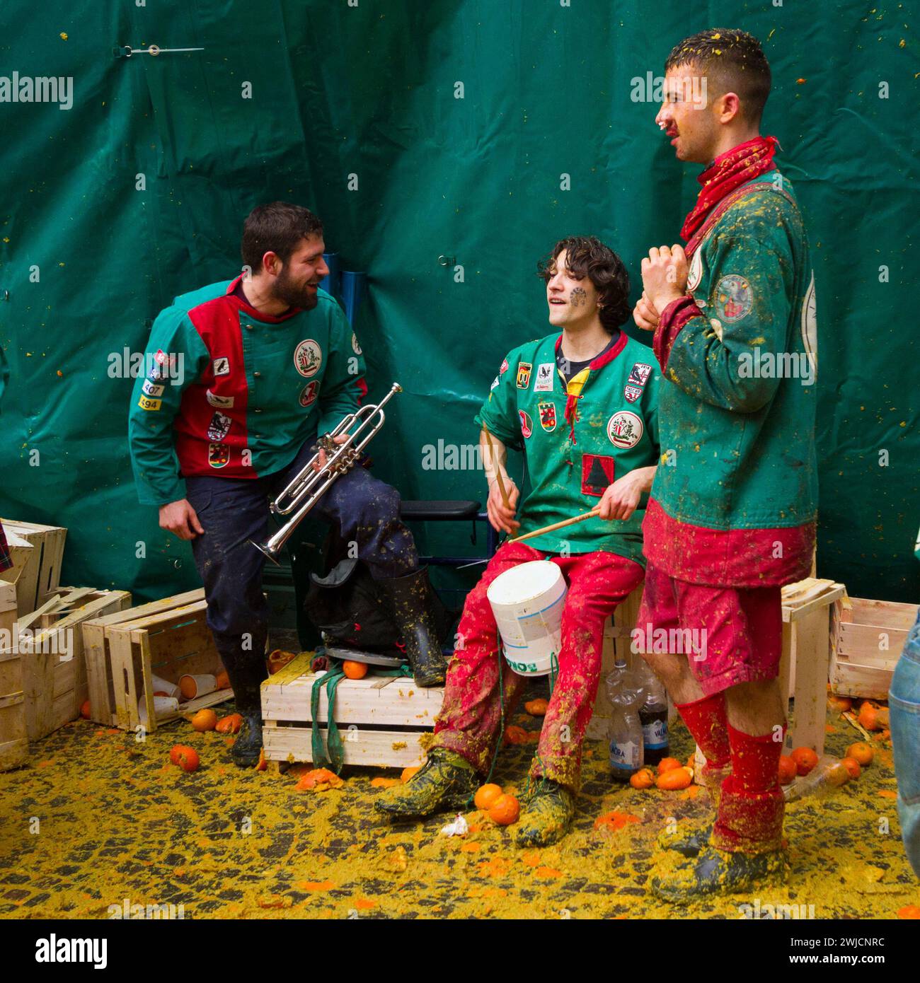 Ivrea, Italy. 12th Feb, 2024. Orange throwers during the 'Battle of the ...