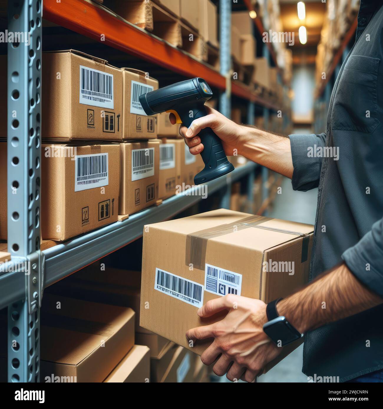 A man scans codes on boxes with a mobile scanner while tracking the ...