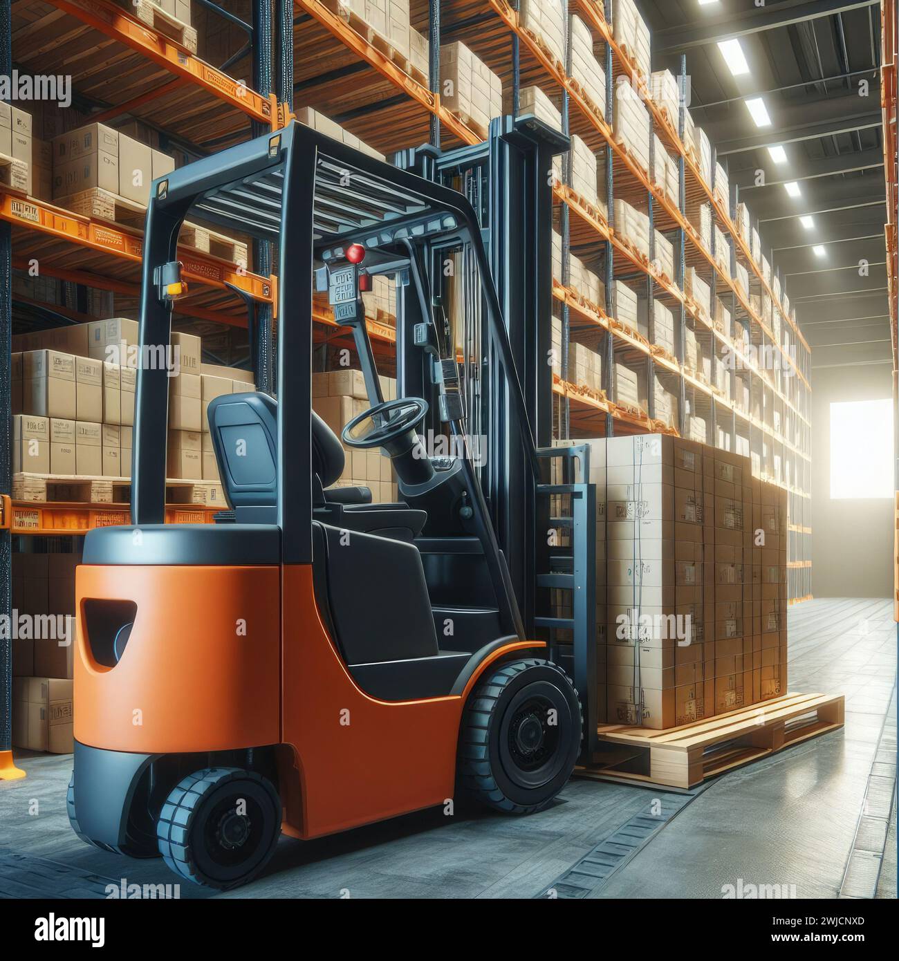 A forklift stands in a warehouse between tiered racks of products Stock ...