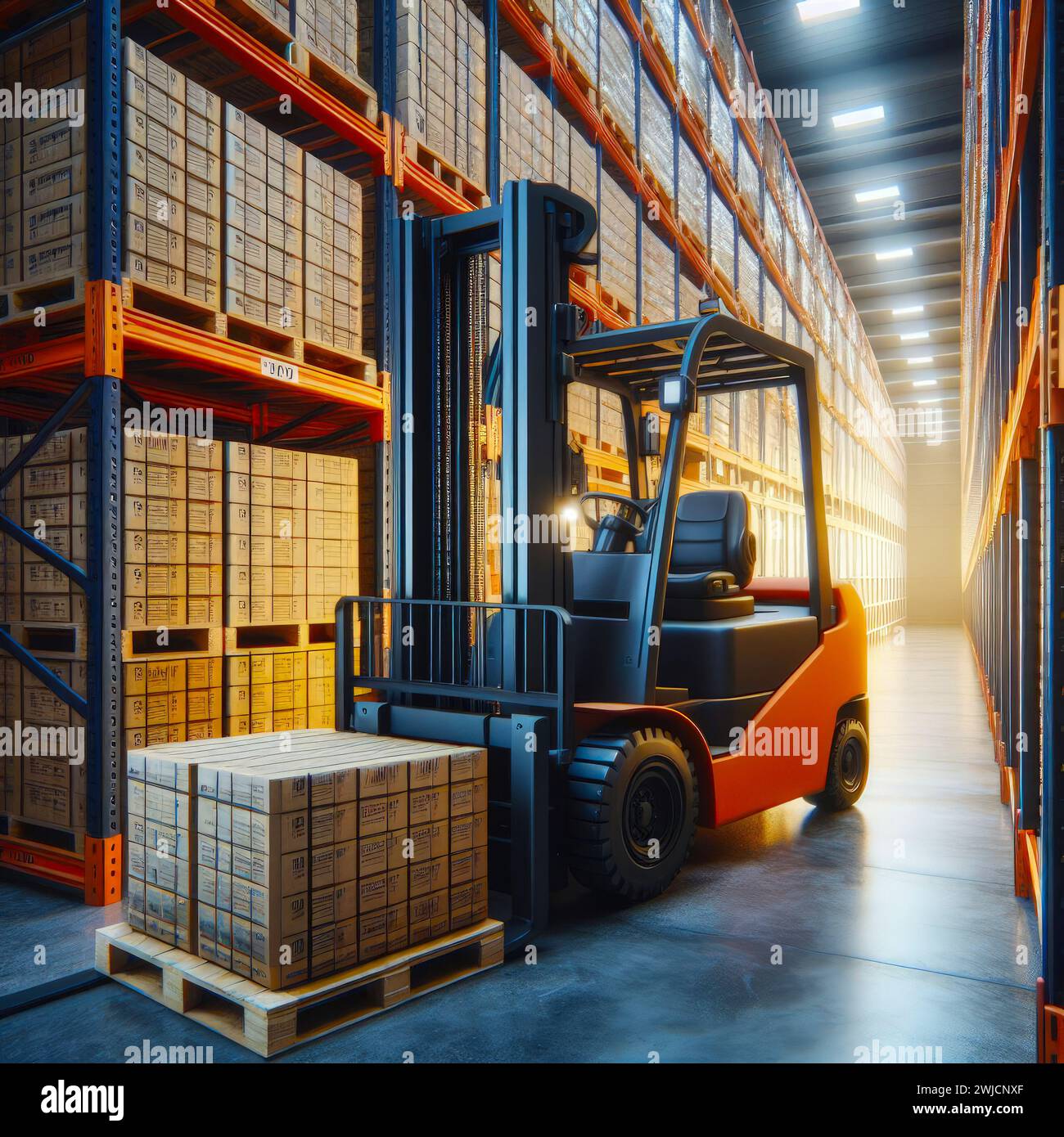 A forklift stands in a warehouse between tiered racks of products Stock ...