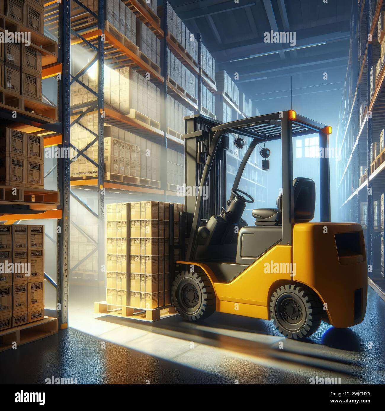 A forklift stands in a warehouse between tiered racks of products Stock ...