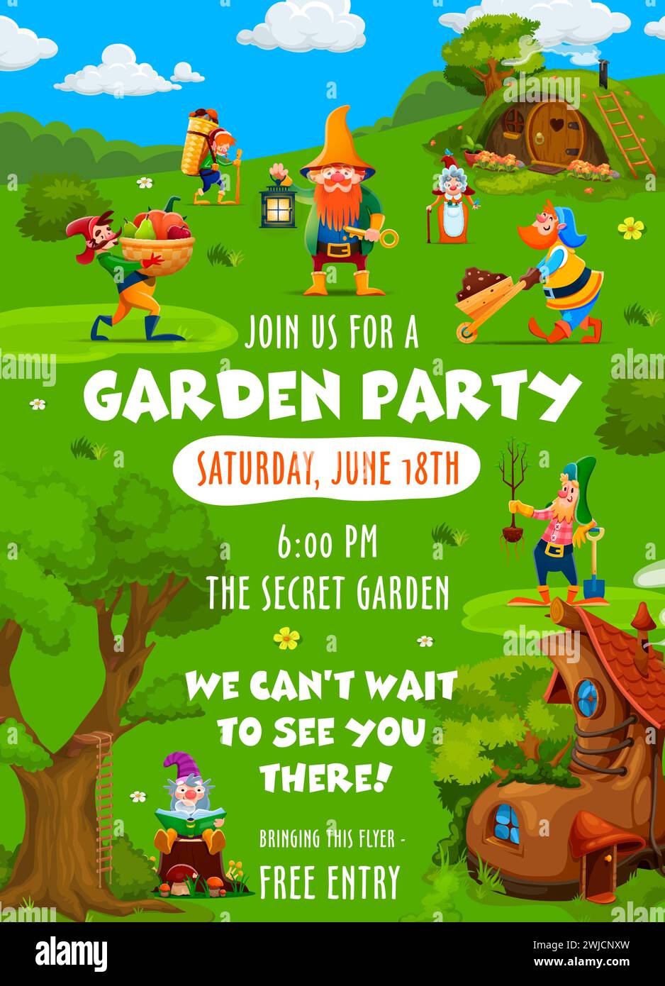 Party flyer with cartoon garden gnome and dwarf characters, vector ...
