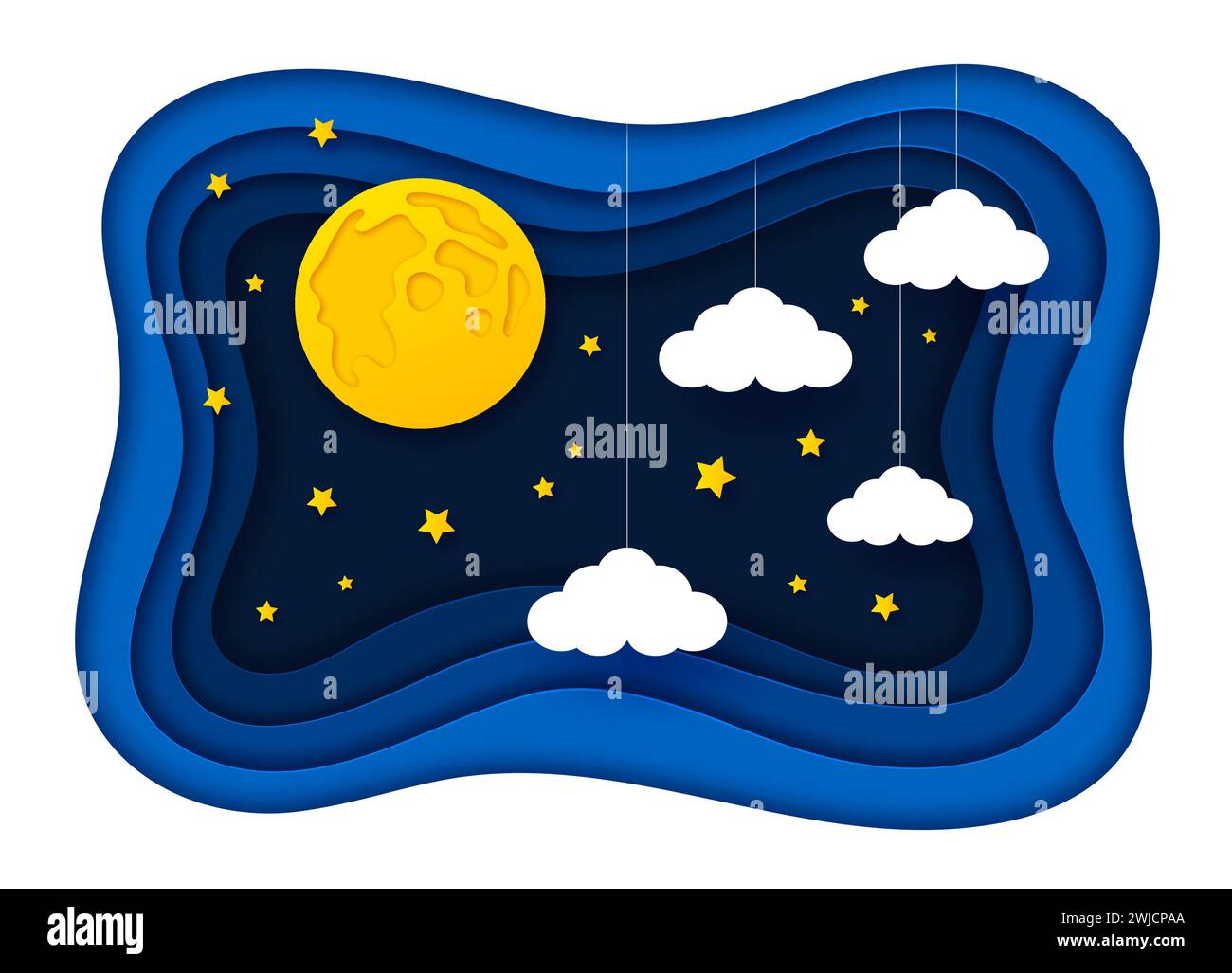 Paper cut night moon sky with stars clouds background, cartoon vector ...
