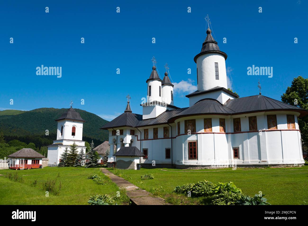 A large Orthodox church with white walls and black domes in a rural ...