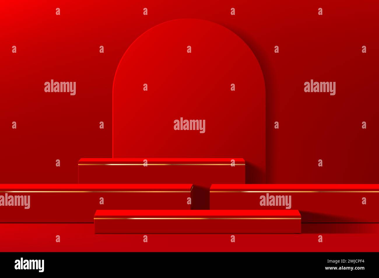 Red Chinese podium, stage mockup for cosmetics with golden line ...