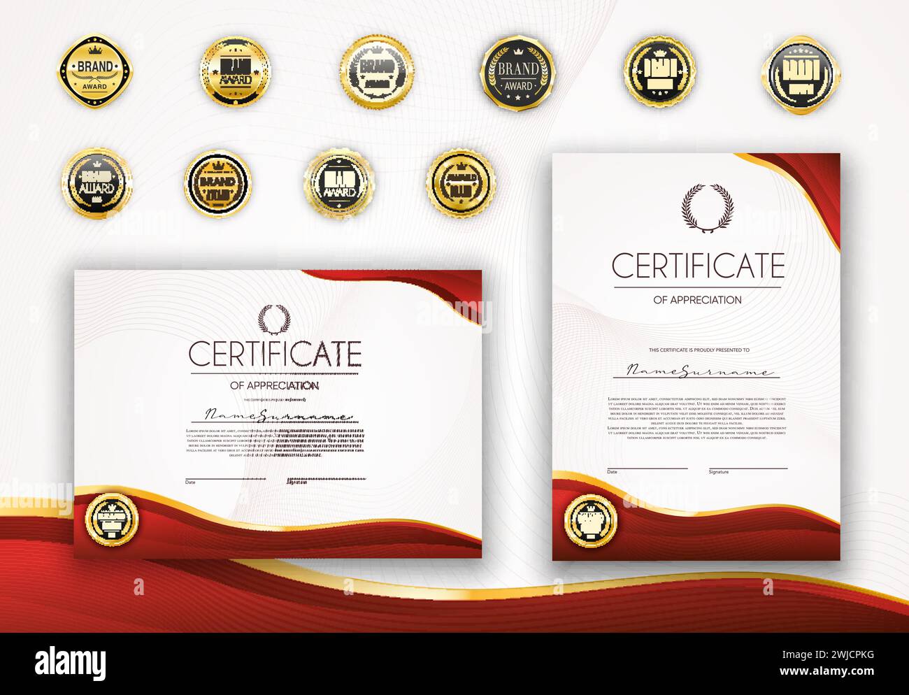 Red certificates, diploma award templates and golden seals, vector ...