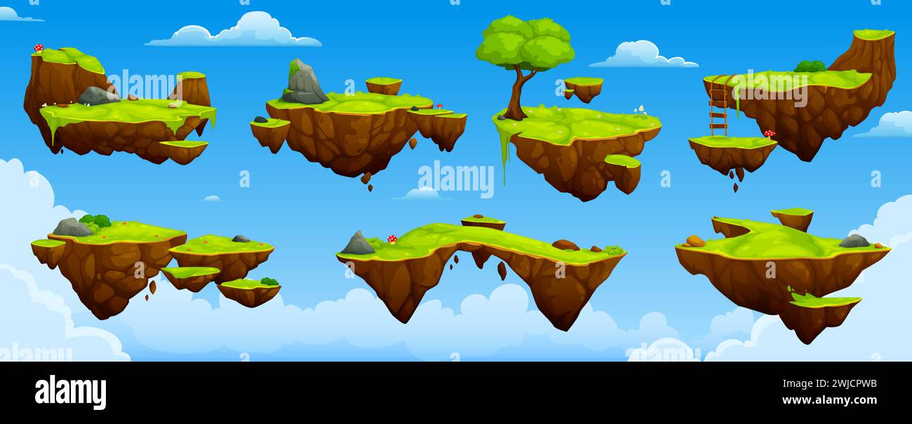 Floating island, game platforms and arcade levels with trees and grass ...