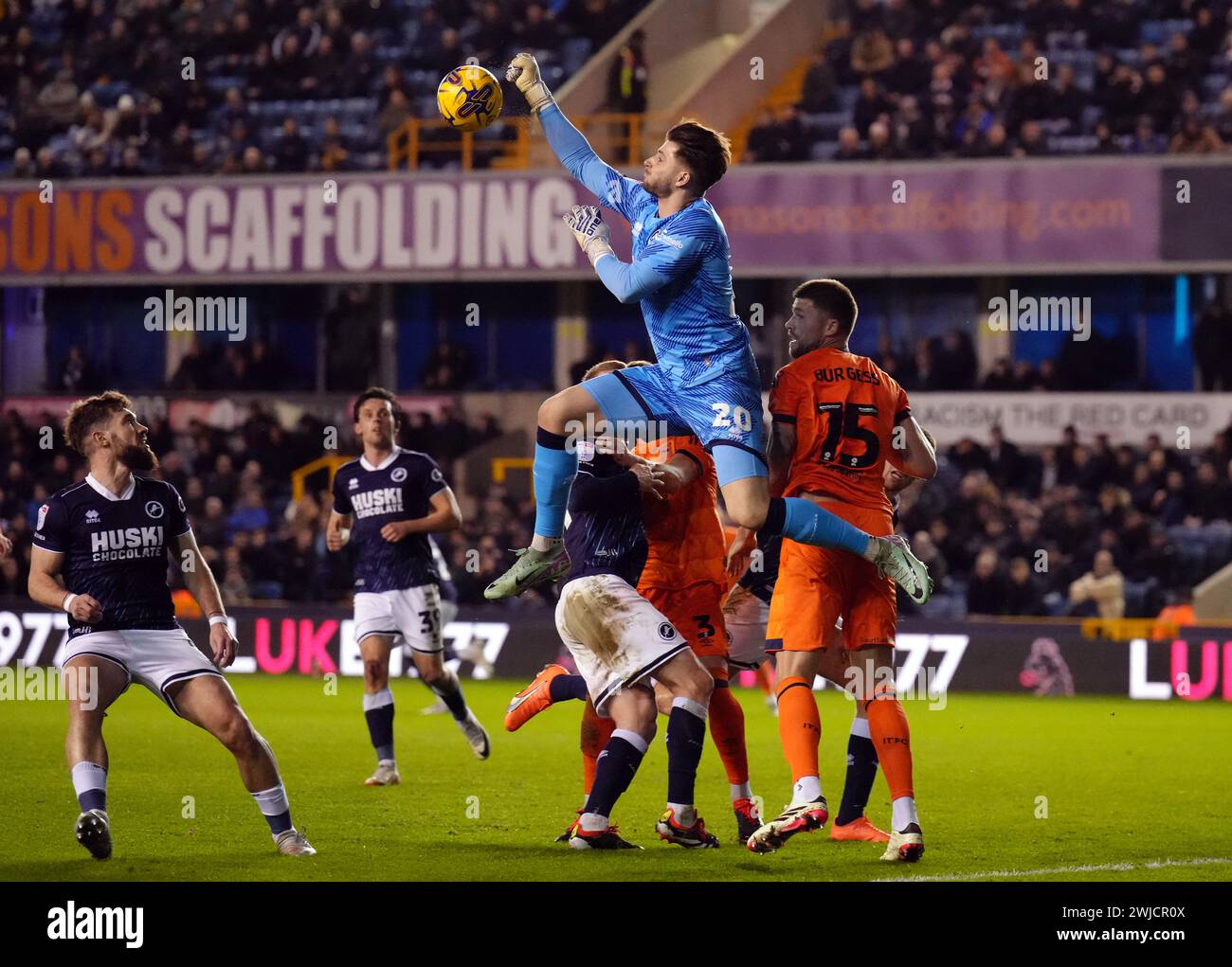 Millwall goalkeeper Matija Sarkic punches the ball clear during the Sky ...