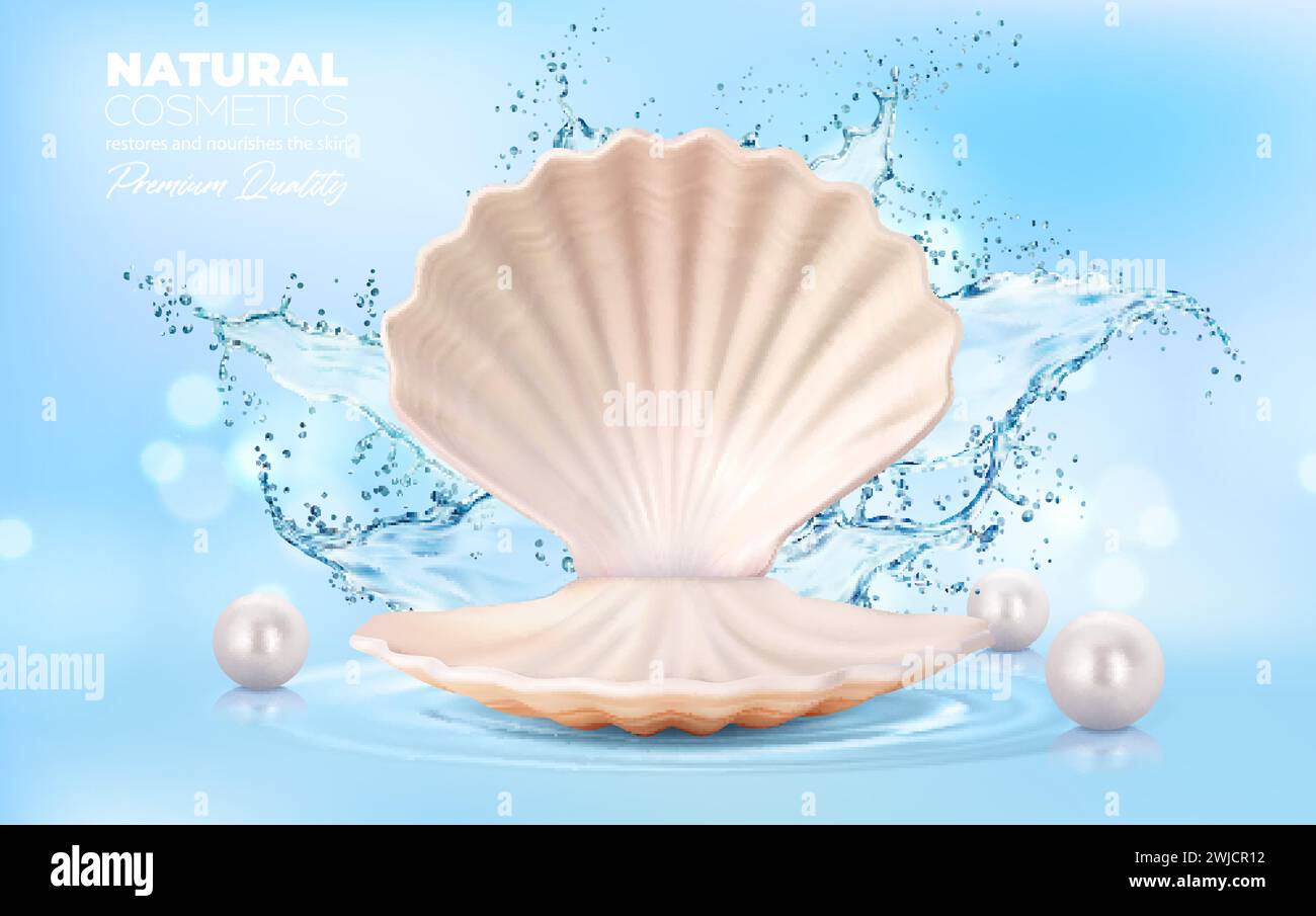 Pearl cosmetics, scallop shell podium, blue water splashes and white ...