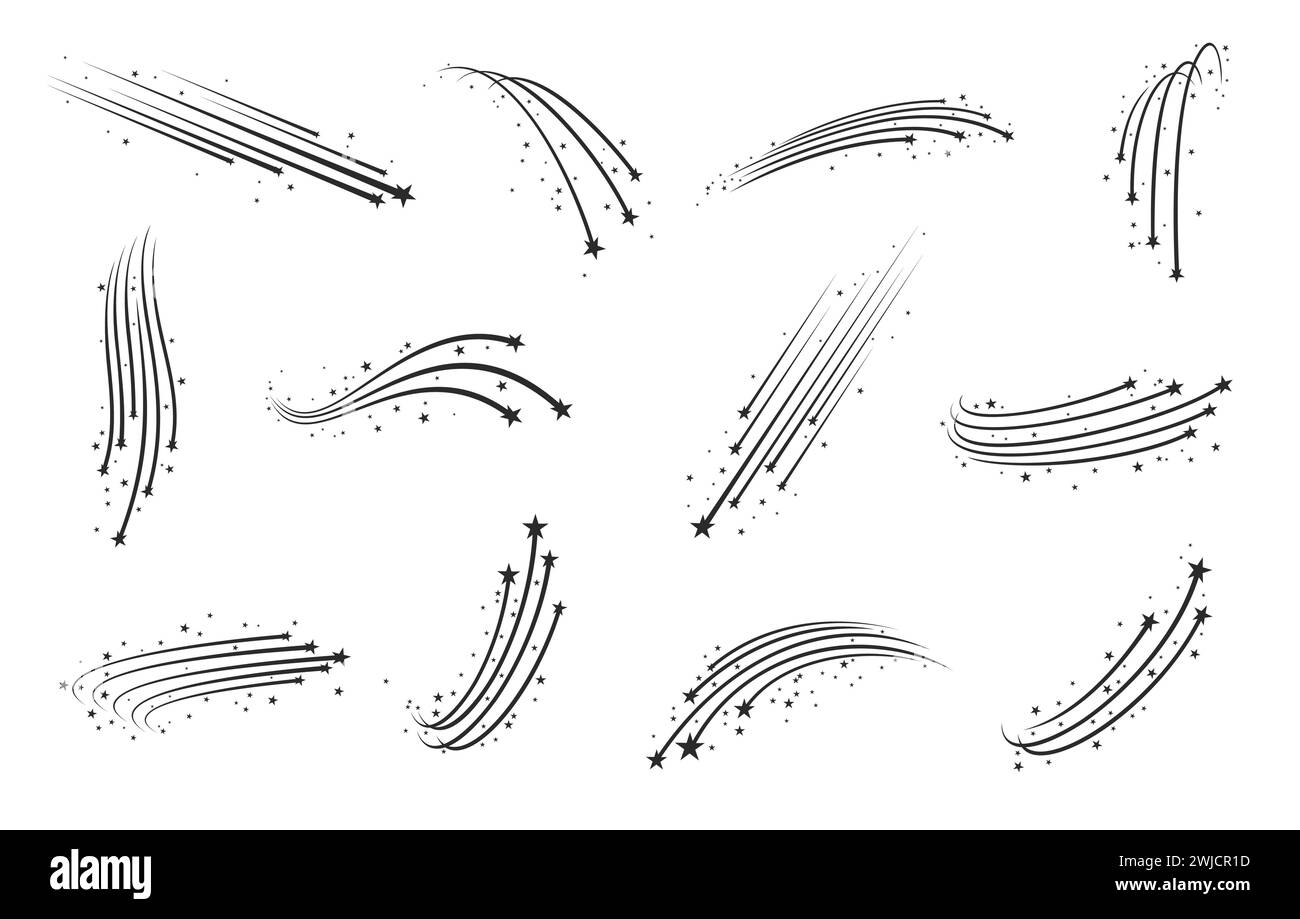 Shooting stars, falling comets with trails and tails, meteor ...