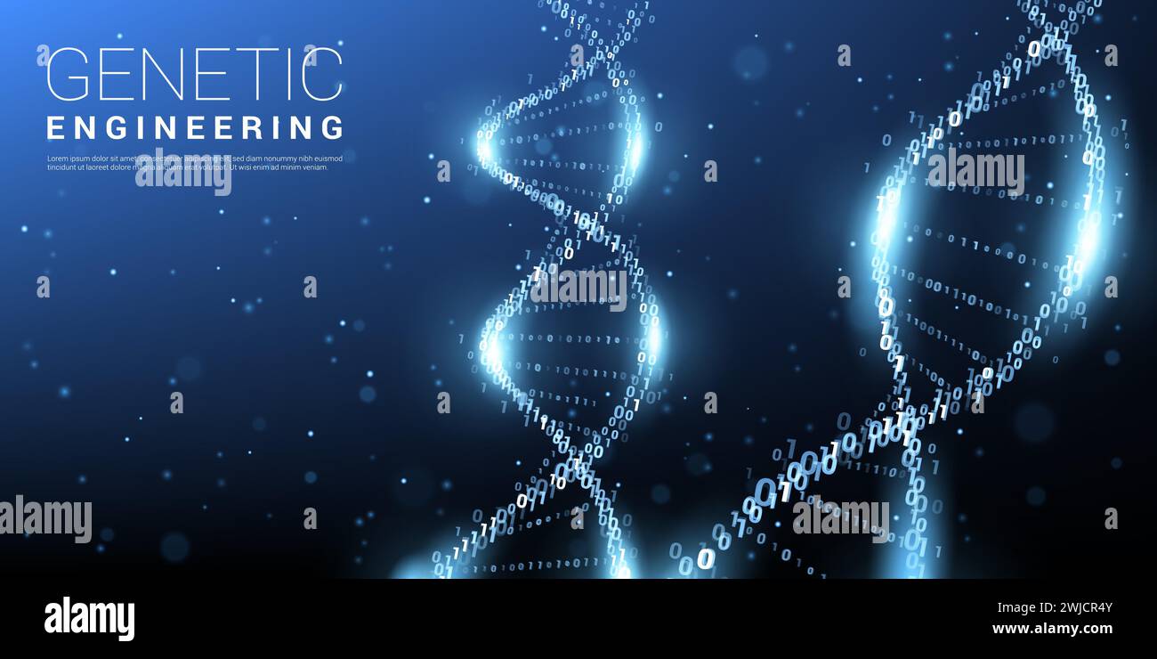 Digital dna, binary molecular genome code. Vector scientific banner with futuristic neon glowing ...