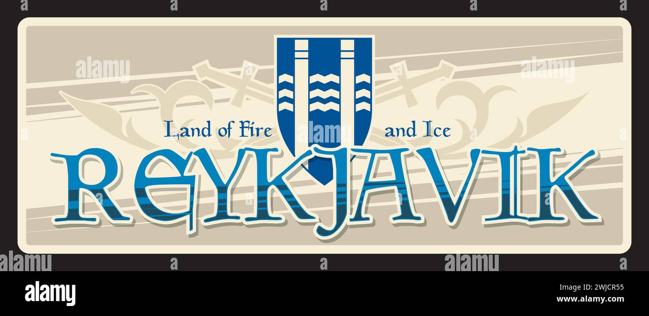 Reykjavik capital city of Iceland. Vector travel plate or sticker ...