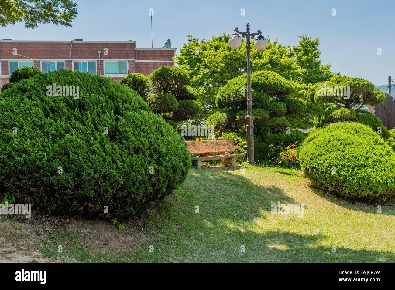 Concrete park bench under street lamp surrounded by manicured trees and ...