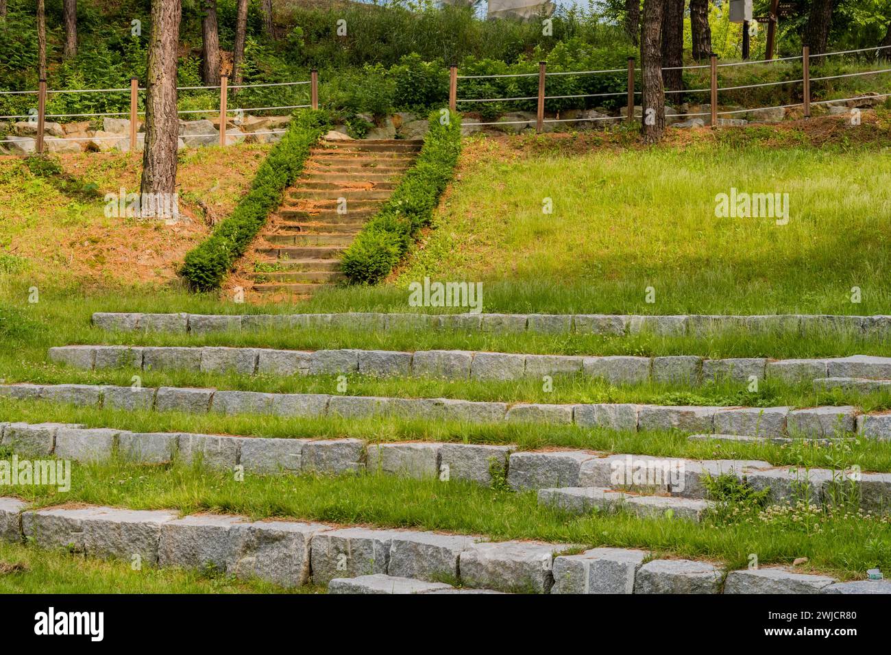 Amphitheater seating in public park made of concrete blocks with trees ...