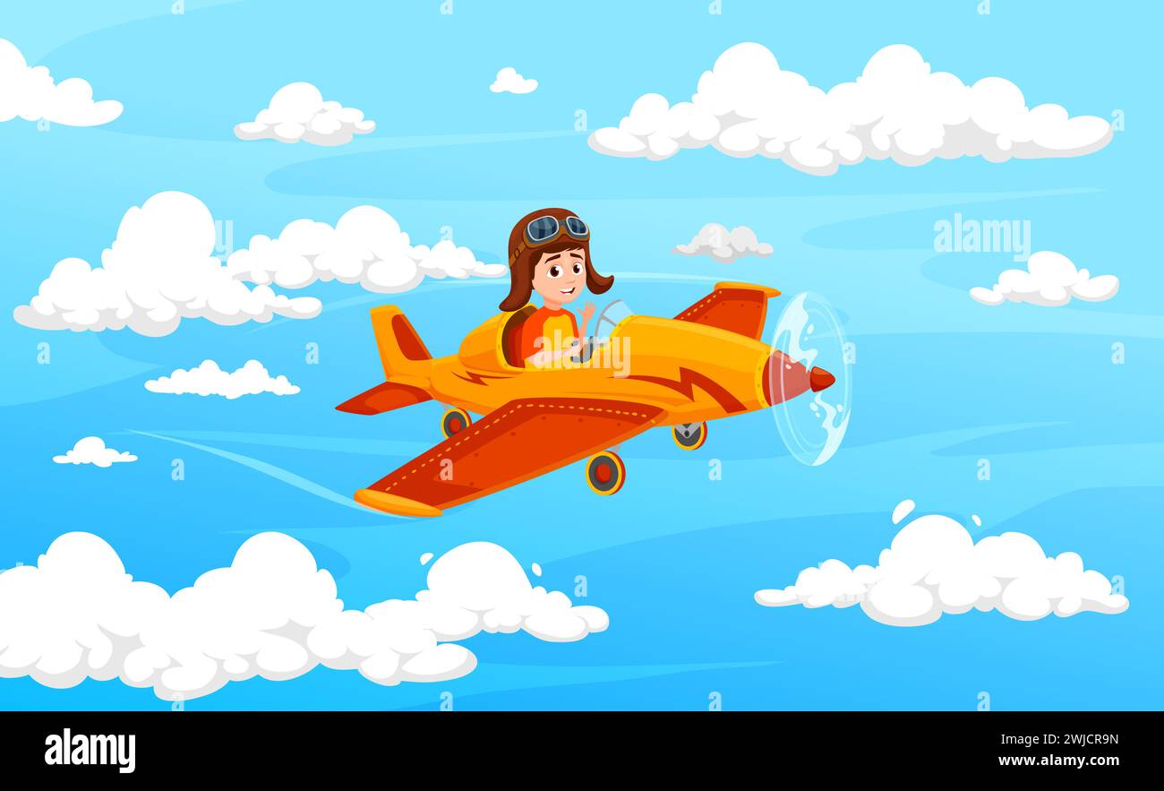 Boy kid flying on plane or child pilot on airplane in cloudy sky ...