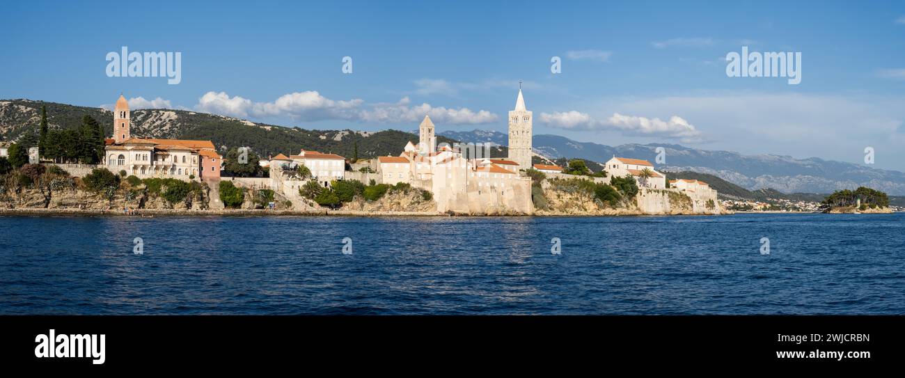 Church towers in the old town centre of Rab, seen from the sea, Rab ...