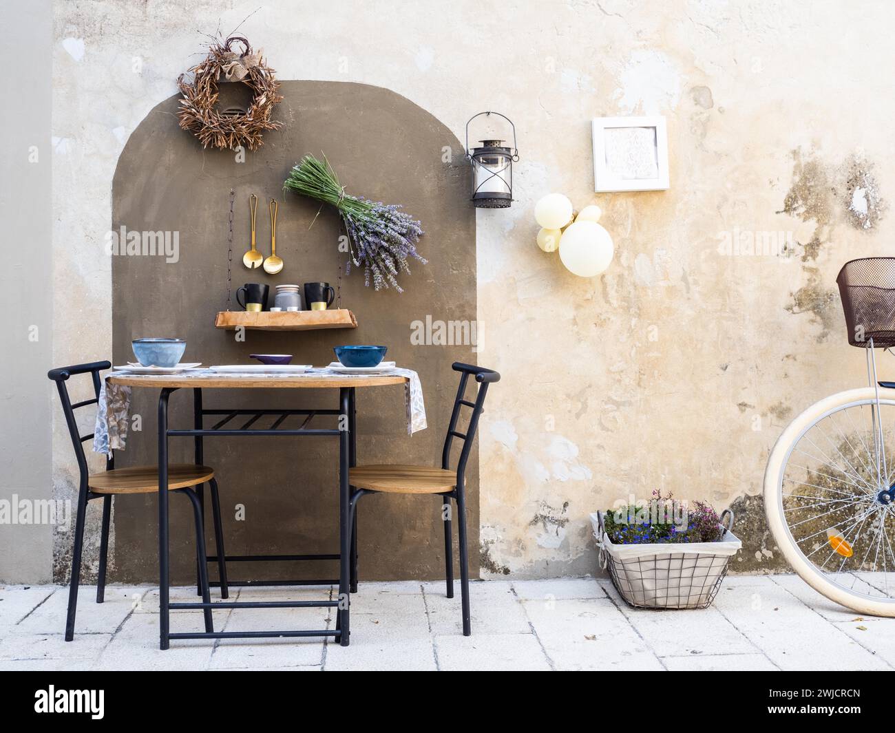 Table of a bar in the old town centre of Rab, Rab, Rab Island, Kvarner ...